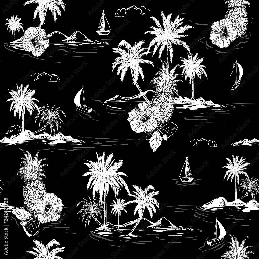 Black and white summer Island hawaiian mood hibiscus flower,plam trees ...