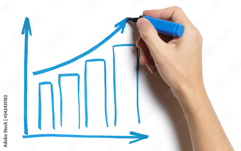 Hand drawing a graph using a blue marker, isolated on white background ...