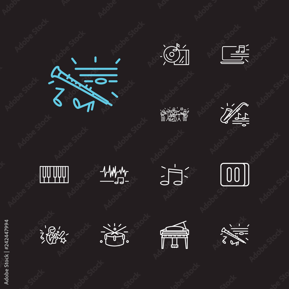 Musical icons set. Drums and musical icons with pause button, sound ...