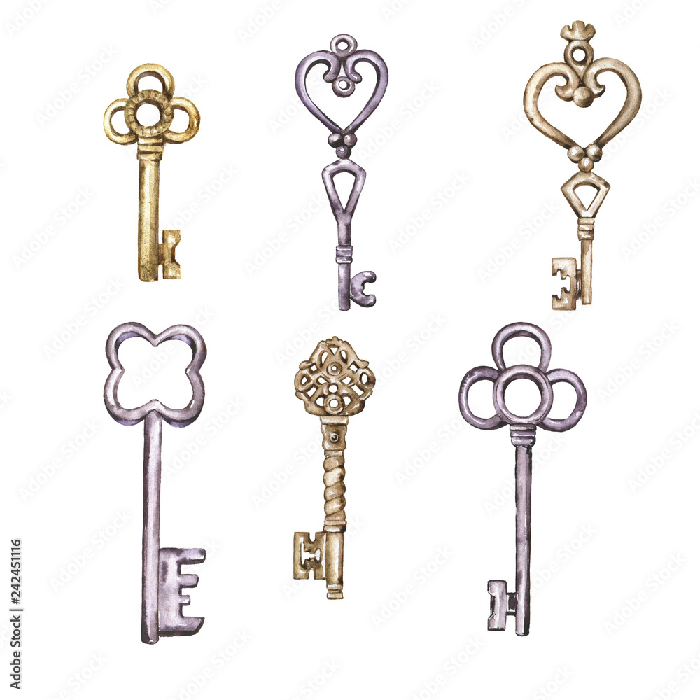 Set of decorative vintage golden and silver keys isolated on white ...