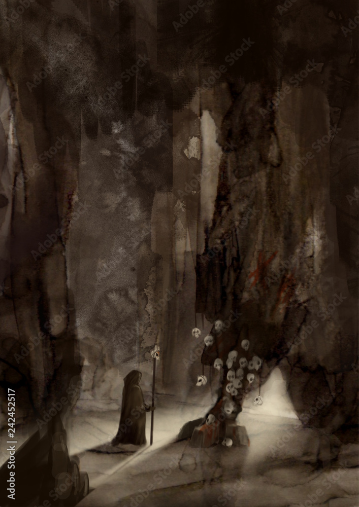 Fantasy Occult priest standing in front of altar covered with skulls ...