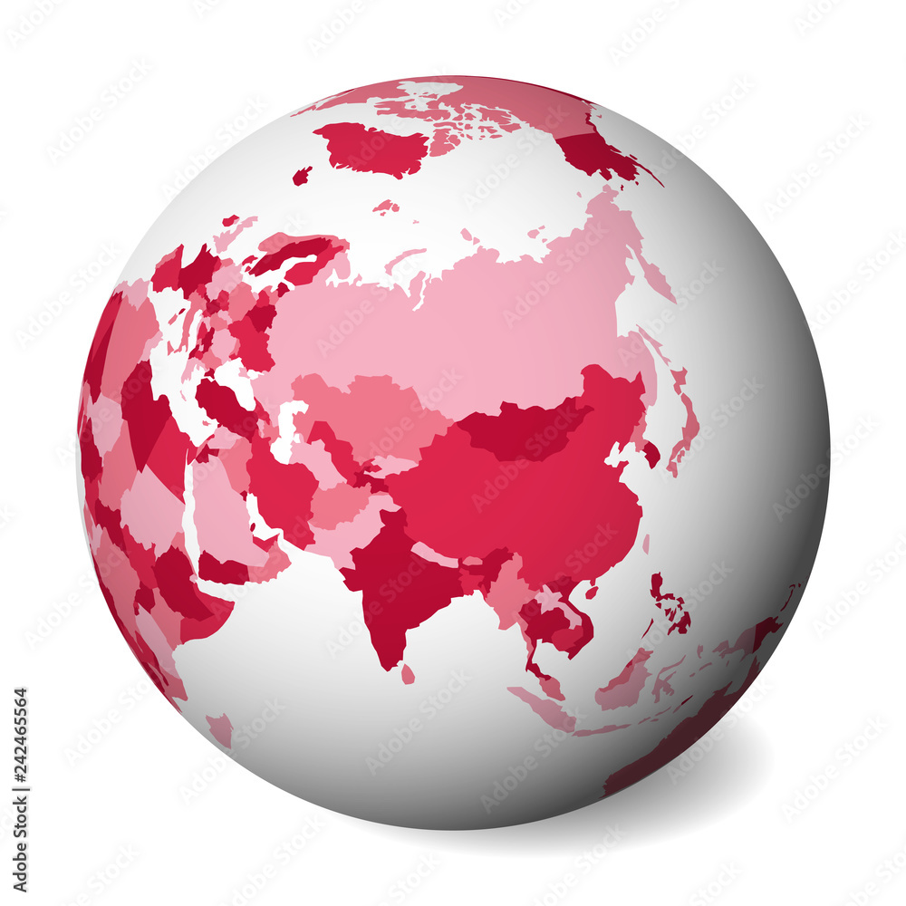 Blank political map of Asia. 3D Earth globe with pink map. Vector ...