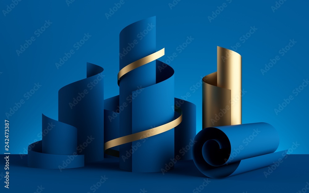 3d render, paper ribbon rolls, abstract shapes, blue fashion background ...
