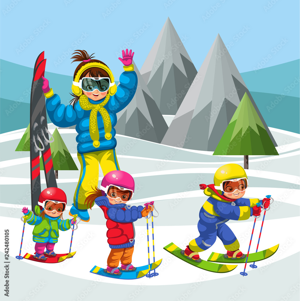 Cartoon family skiing in snowy hills together. mother with kids vector ...