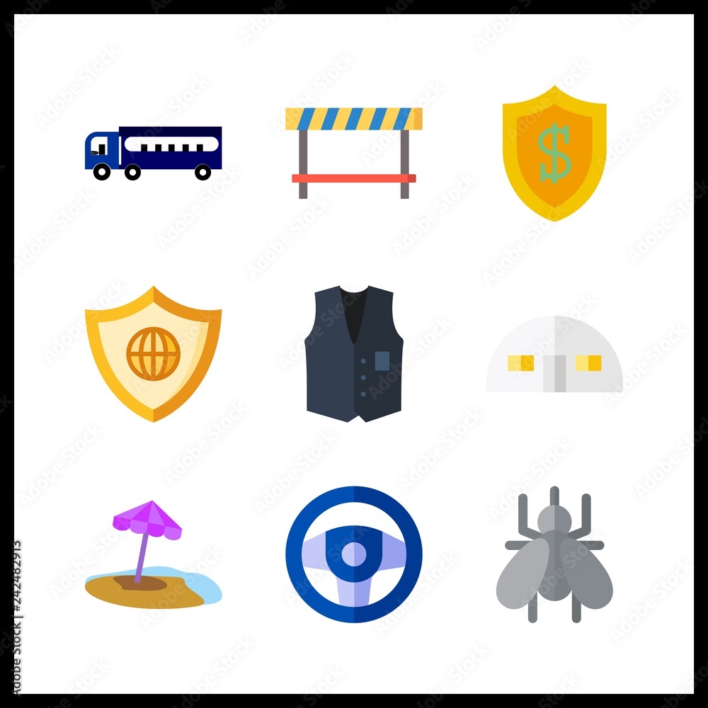9 safety icon. Vector illustration safety set. vest and school bus ...
