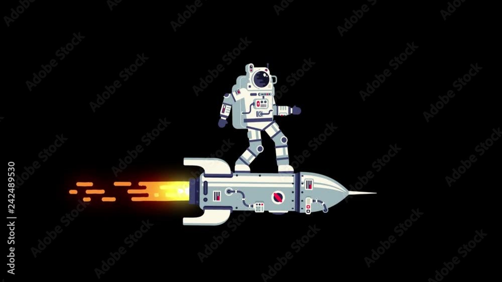 Astronaut in spacesuit flies standing on rocket like surfer. Looped ... Astronaut in spacesuit flies standing on rocket like surfer. Looped ...