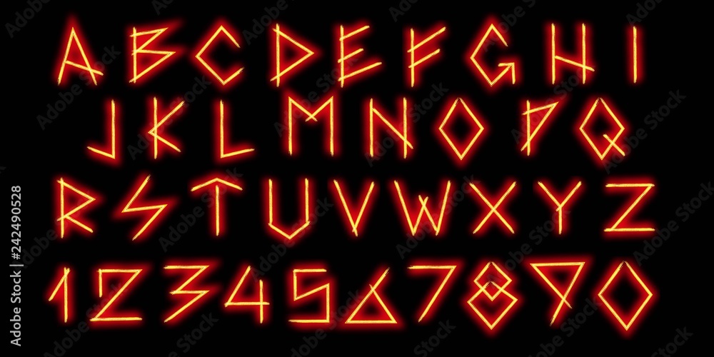 Magical neon red alphabet. The alphabet is stylized under the ancient ...