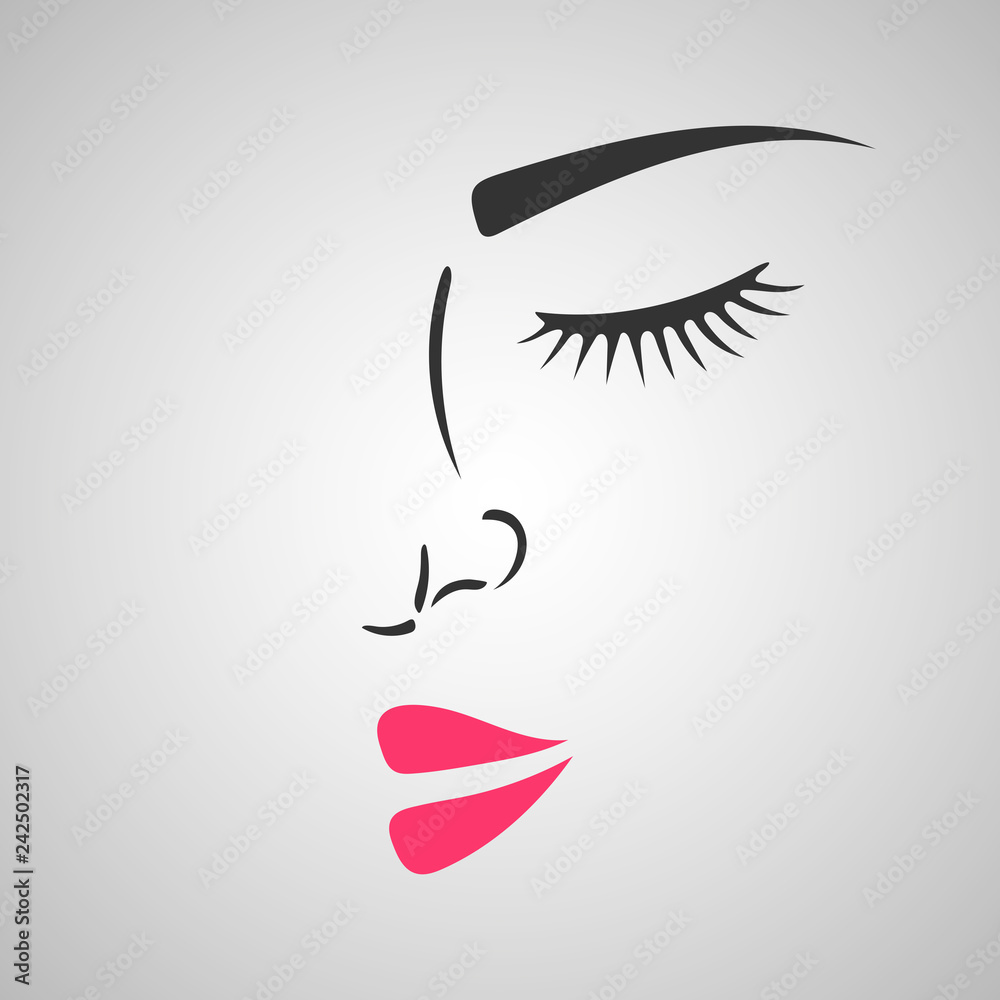 Beautiful woman sad face silhouette with pink lips sketch. Girl power ...