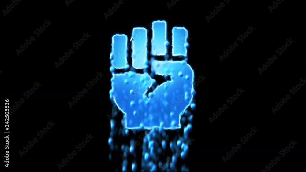 Liquid symbol fist raised appears with water droplets. Then dissolves ...