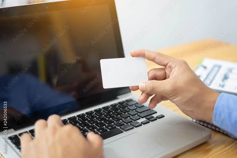 Bank, banking, bill.Online payment,Man's hands holding laptop and ...