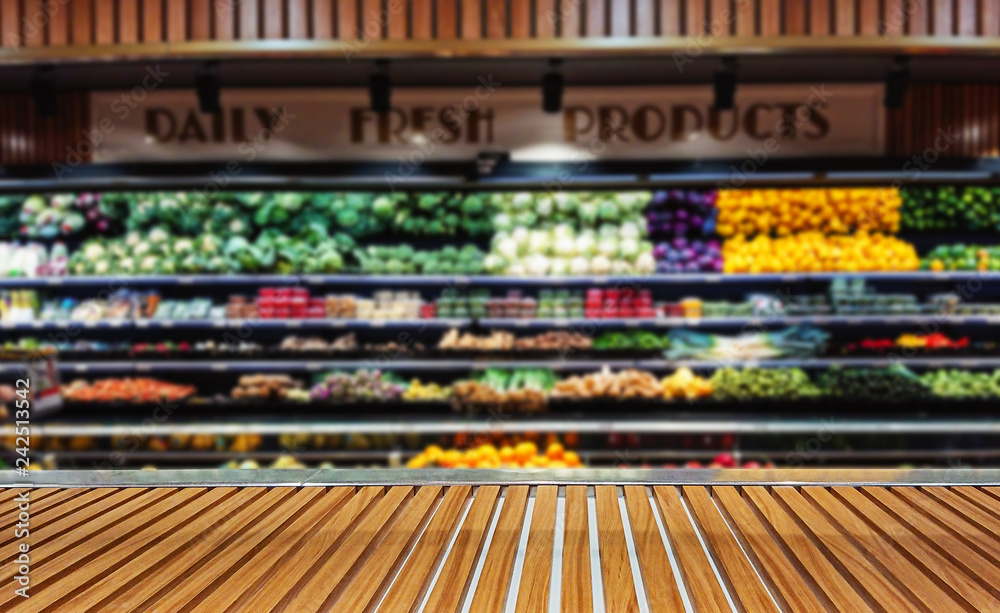 Panoramic view of vegetable stall counter in supermarket with copy ...