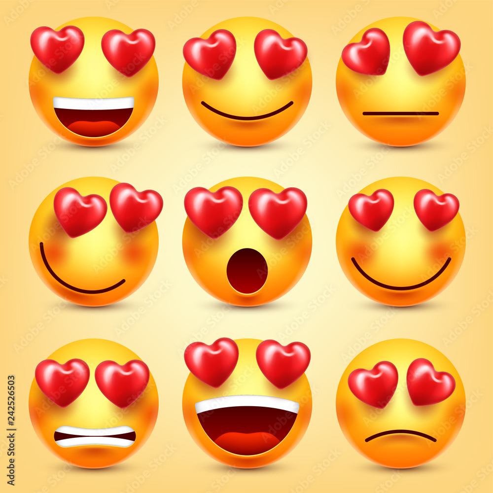 Emoji Smiley With Red Heart Vector Set Valentines Day Yellow Cartoon