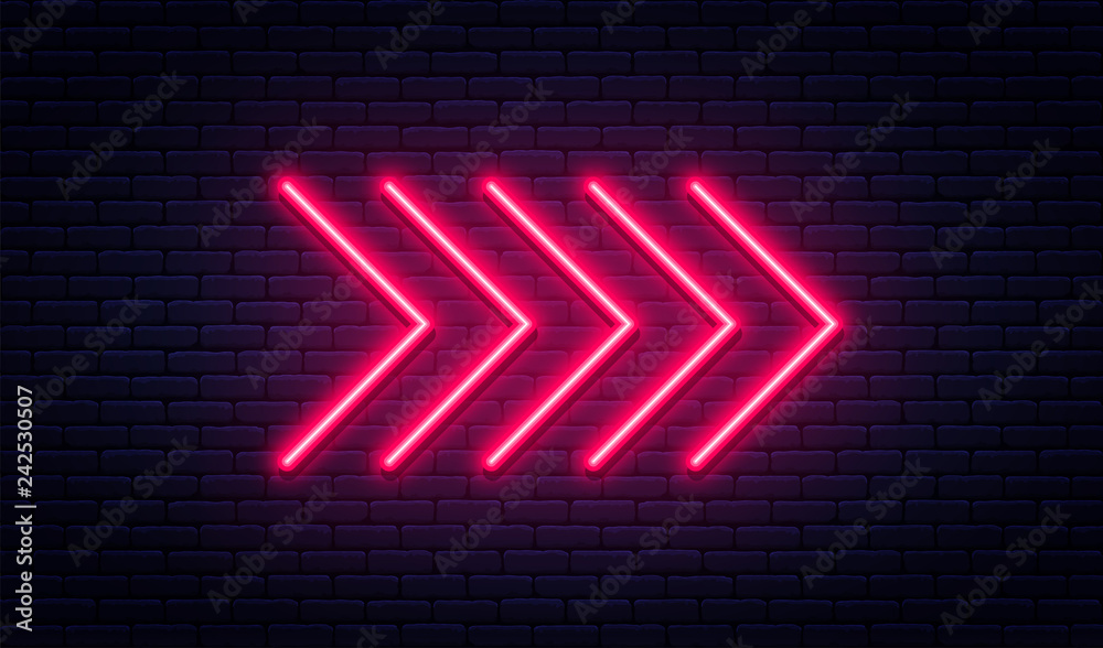 Neon arrow sign. Glowing neon arrow pointer on brick wall background ...