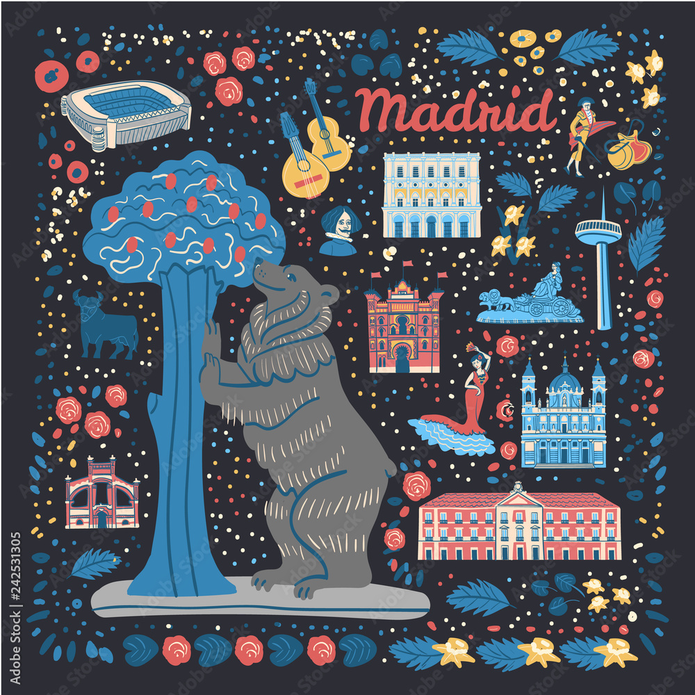 Hand drawn colorful vector illustration with coat of arms of Madrid ...