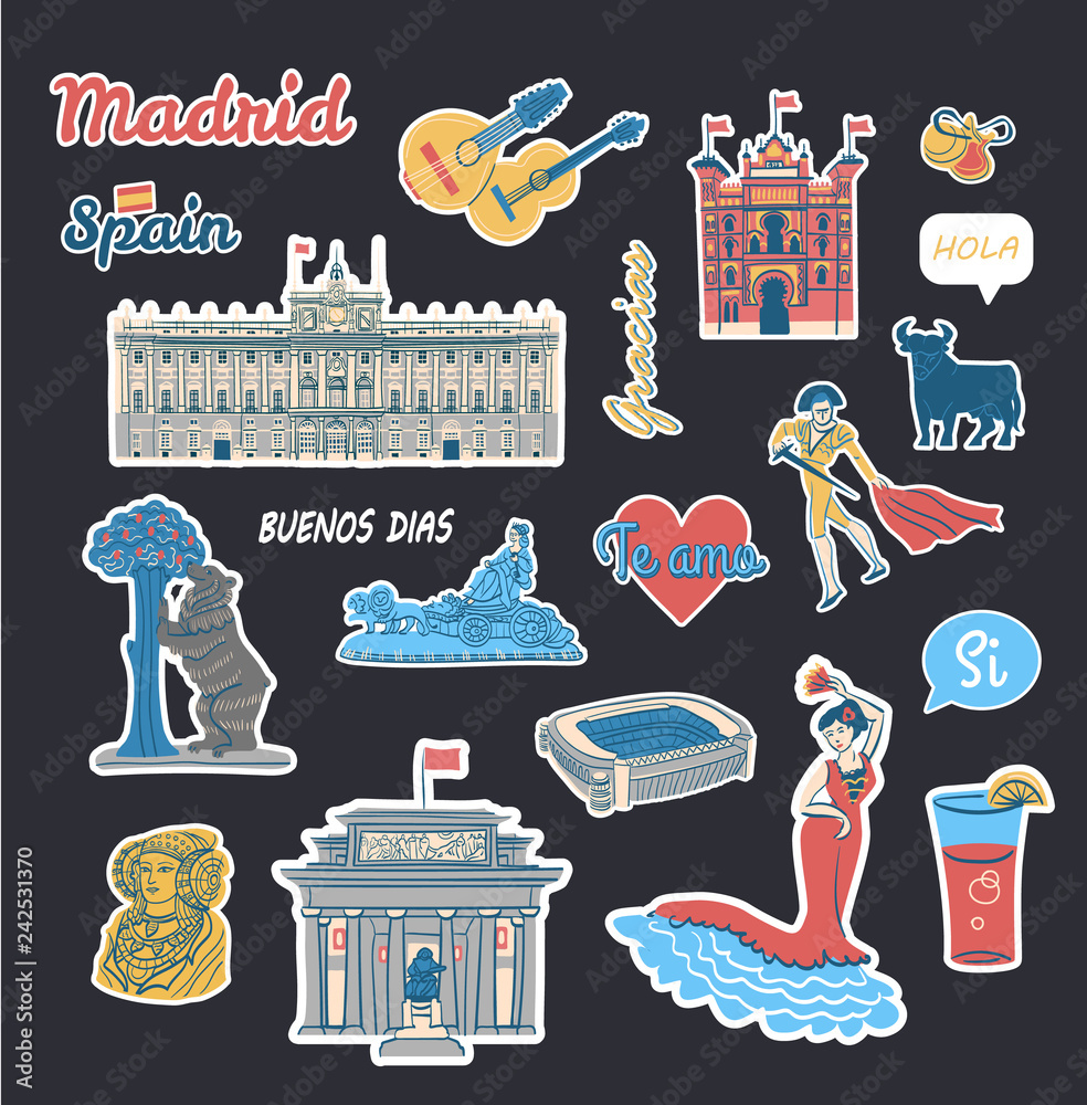 Vector stickers collection with symbols and buildings of Spain and text ...
