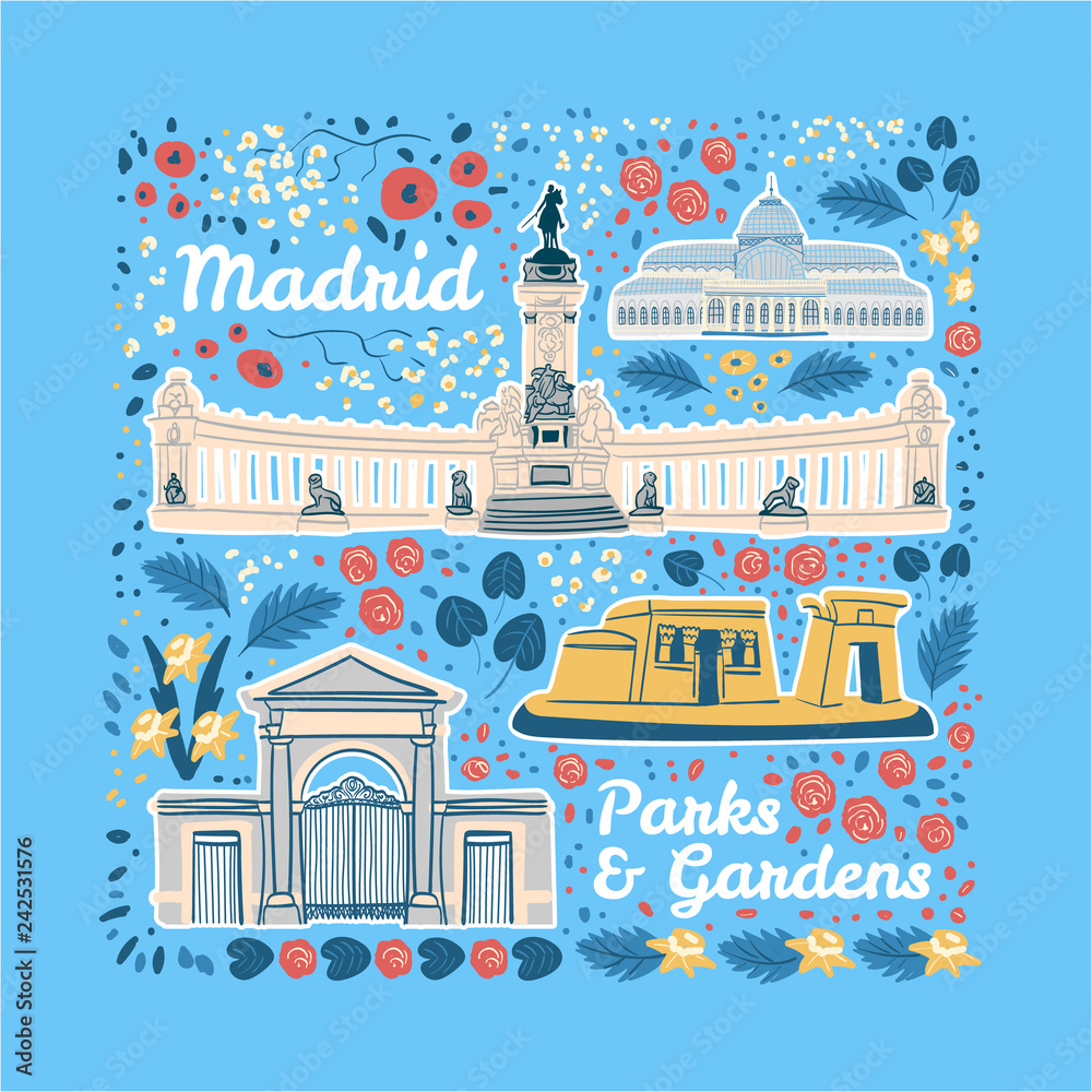 Hand drawn colorful vector illustration with famous landmarks of parks ...