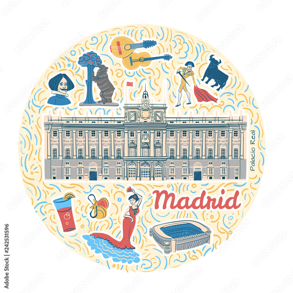 Hand drawn illustration with Royal Palace of Madrid, capital city ...