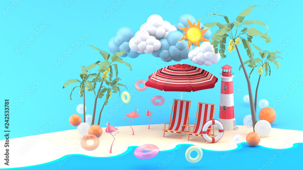 Deck chairs under the beach umbrella on a sand beach under the sunshine ...