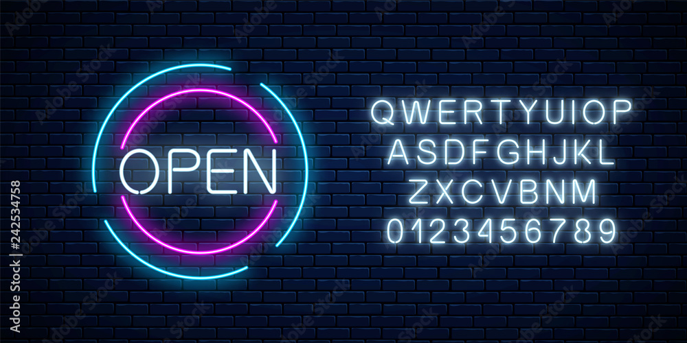 Neon Open 24 Hours And 7 Days In Circle Frames Sign With Alphabet Neon Open 24 Hours And 7 Days In Circle Frames Sign With Alphabet