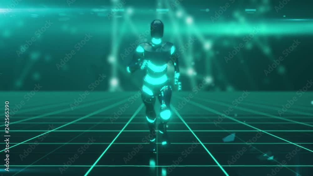 A futuristic humanoid robot, running through a sci-fi grid surface. Seamless loop 3d animation ...