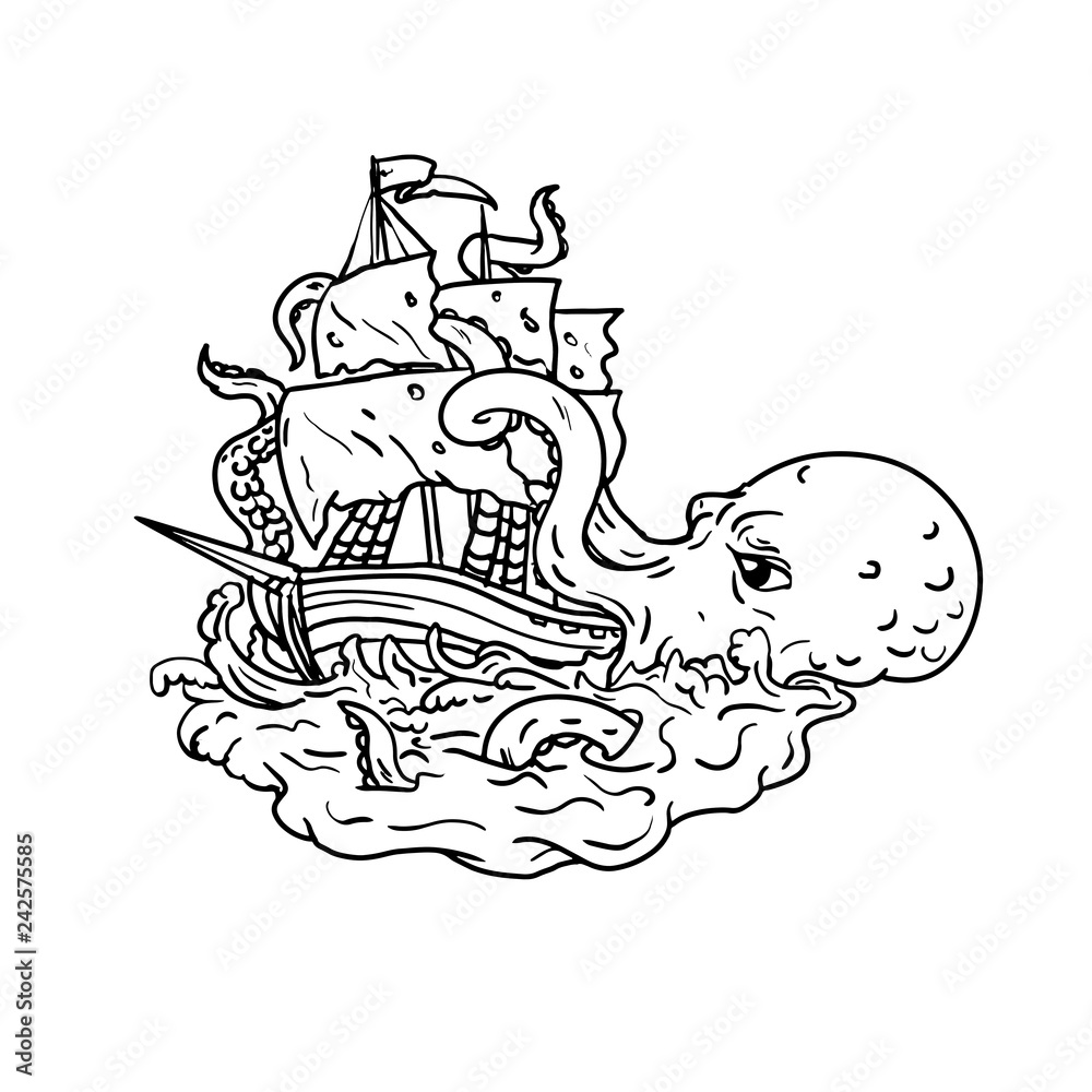Doodle art illustration of a kraken, a legendary cephalopod-like giant ...
