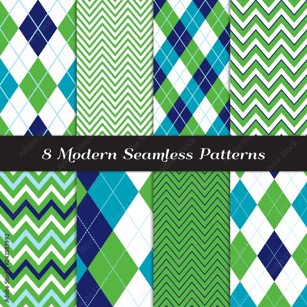 Golf Style Chevron and Argyle Seamless Patterns in Grass Green, Navy ...
