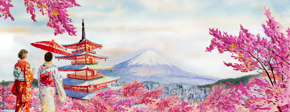 Famous landmarks of Japan in spring. Stock Illustration | Adobe Stock