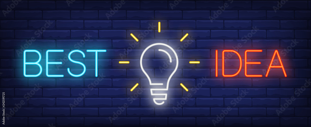 Best idea neon text with light bulb. Idea concept design. Night bright ...