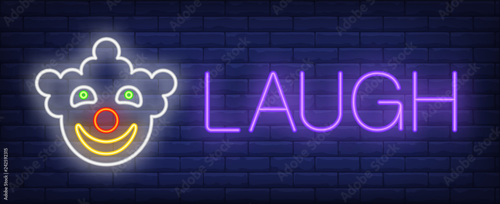 Laugh neon text with smiling clown face. Circus performance ...