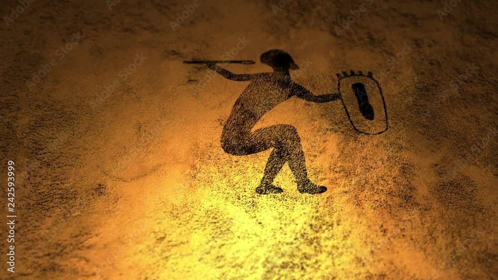 A single Cave Painting of Warrior with dancing fire illumination on ...