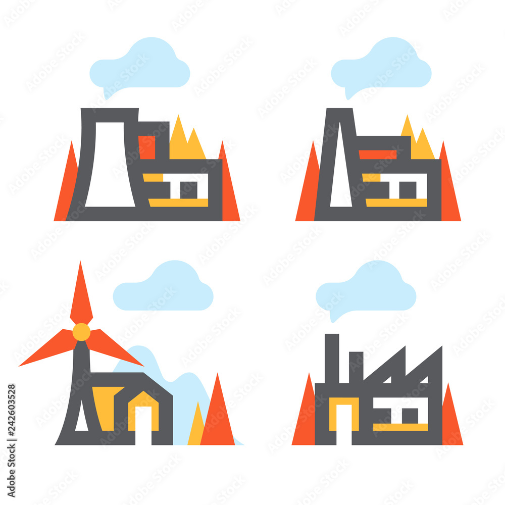 Factory icon set. Factory building icon vector set in the flat style ...
