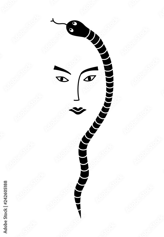 Woman snake, stylized portrait. Laconic female portrait graphic drawing ...