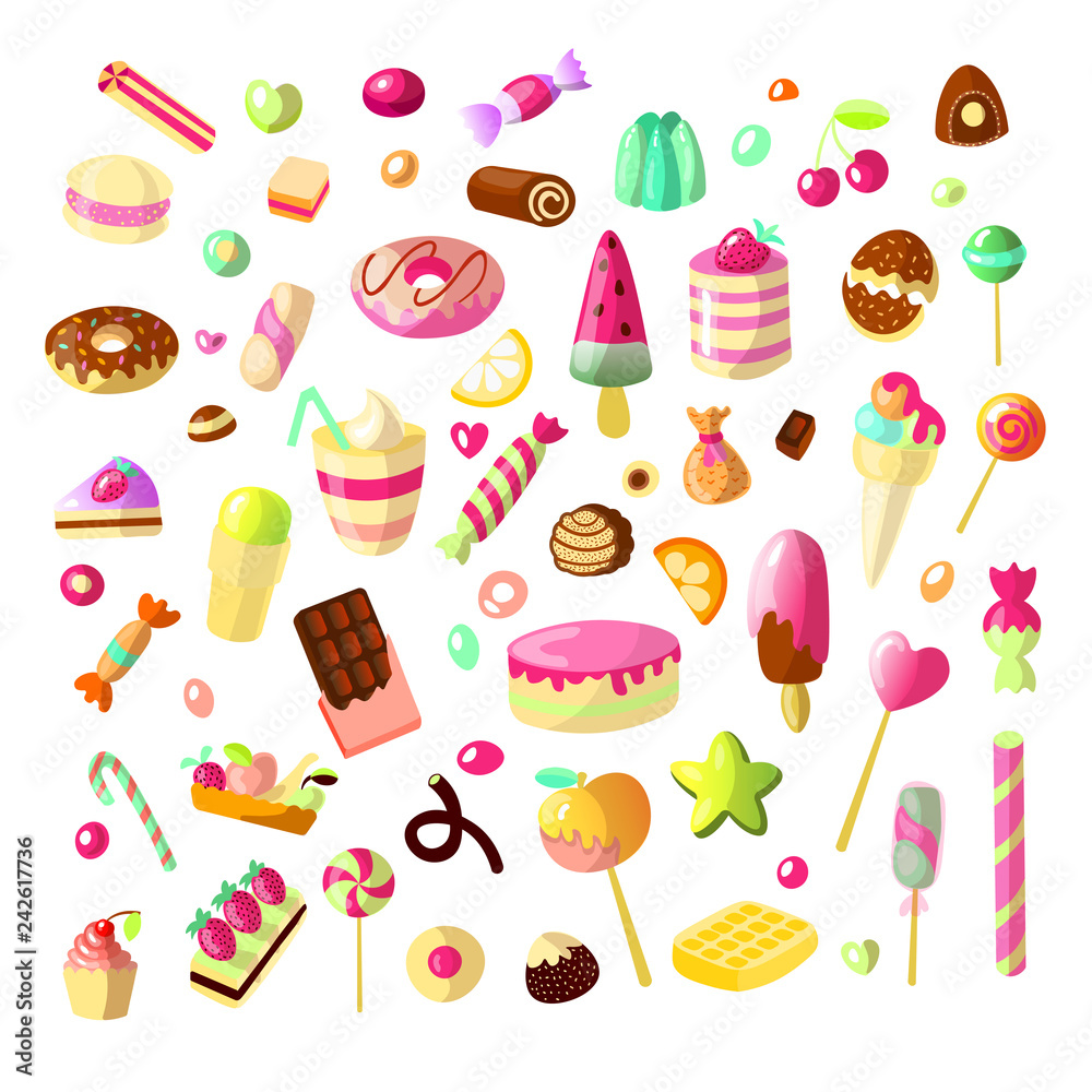 Sweet cartoon candy set. Collection of sweets, cartoon style. Jelly ...