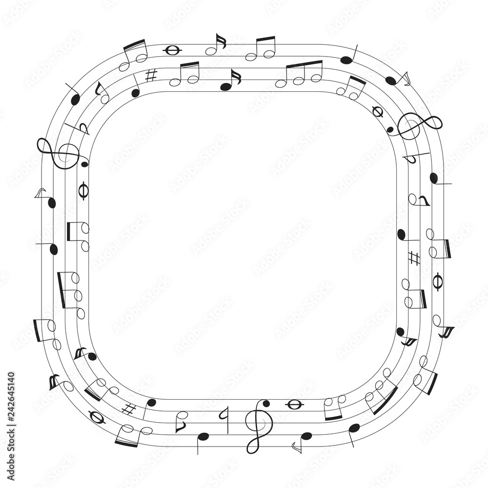 Musical theme square frame with notes and clef. Music border. Vector ...