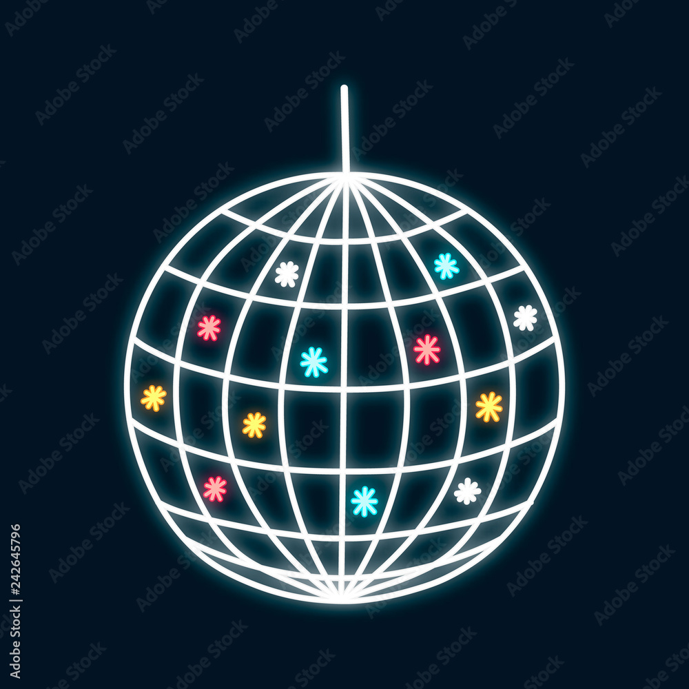 Dicso ball neon sign. Party background. Live, retro music festival ...