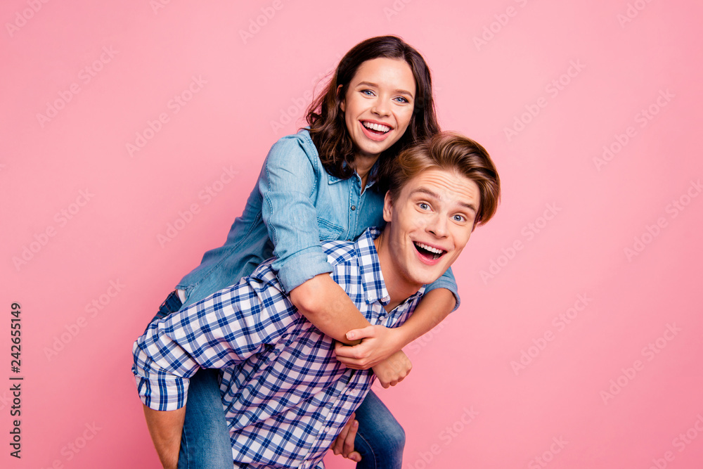 Close up photo of piggy back hugging she her he him his lady guy Stock ...