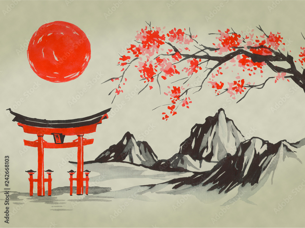 Japan traditional sumi-e painting. Watercolor and ink illustration in ...
