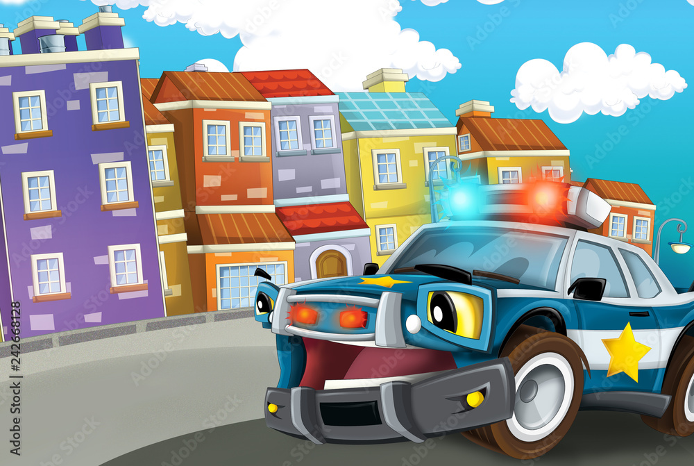 cartoon scene with police car driving through the city illustration for ...