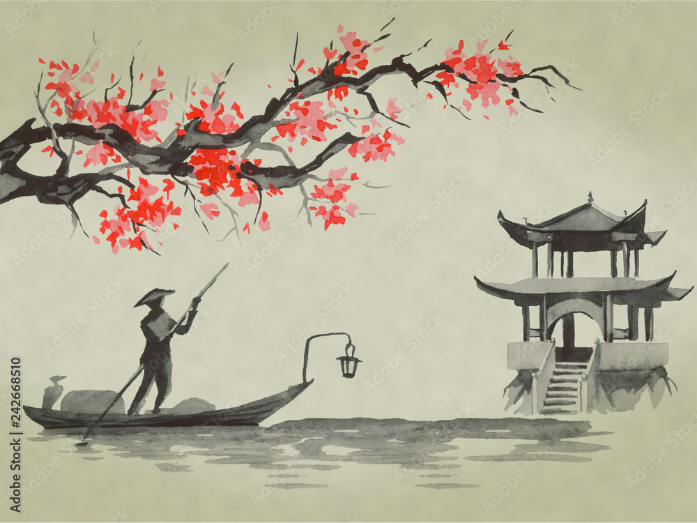 Japan traditional sumi-e painting. Watercolor and ink illustration in ...