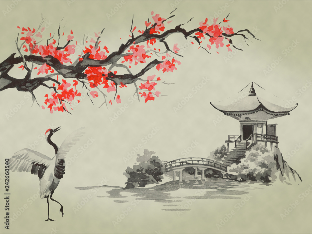Japan traditional sumi-e painting. Watercolor and ink illustration in ...