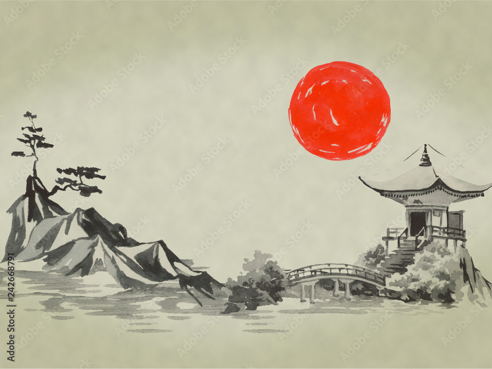 Japan traditional sumi-e painting. Watercolor and ink illustration in ...