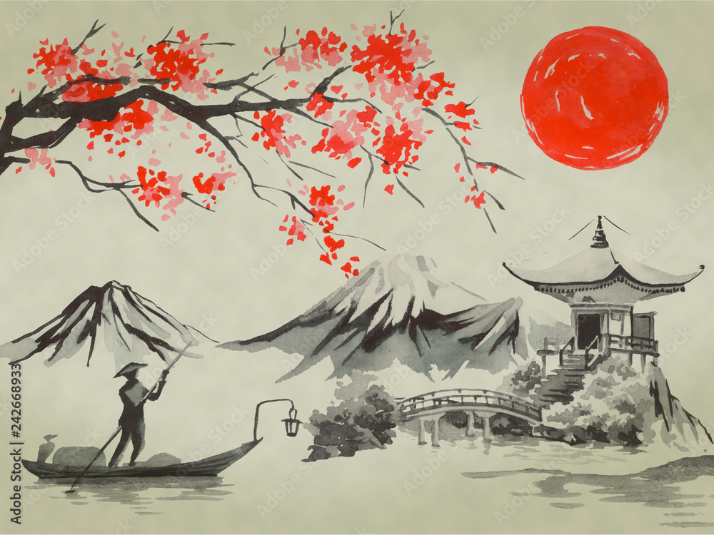 Japan traditional sumi-e painting. Watercolor and ink illustration in ...