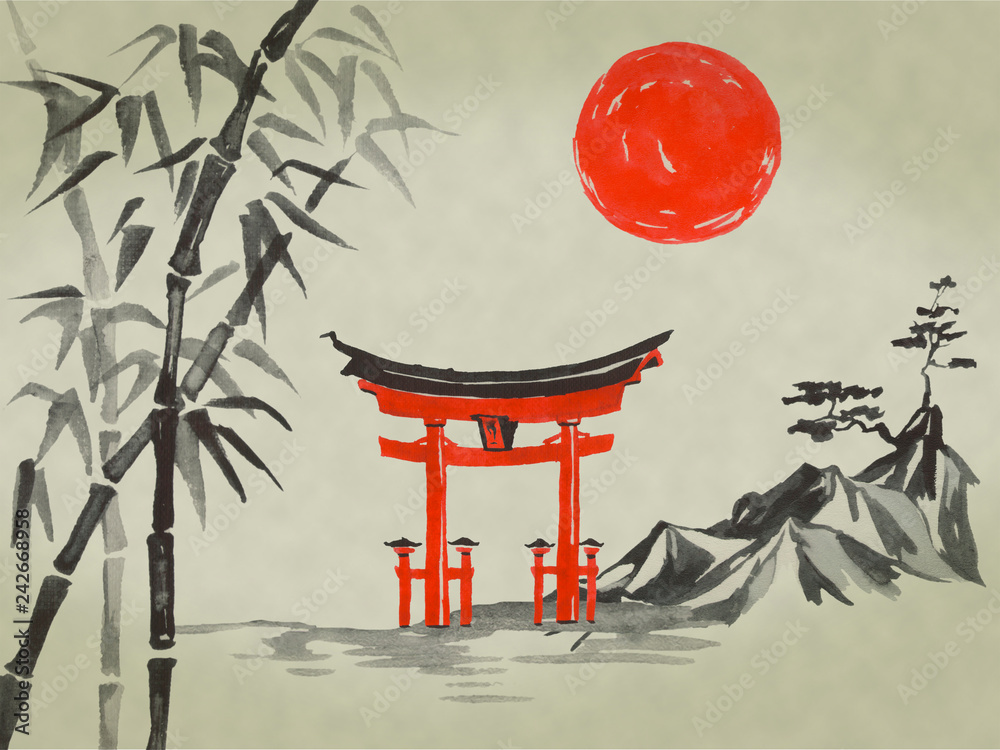 Japan traditional sumi-e painting. Watercolor and ink illustration in ...