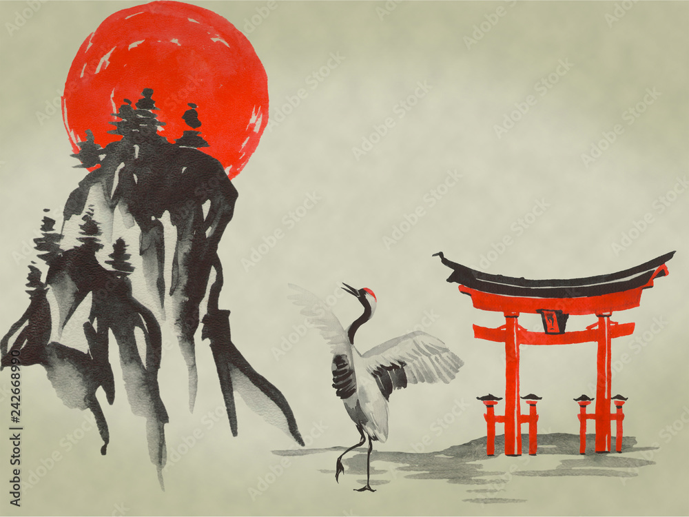 Japan traditional sumi-e painting. Watercolor and ink illustration in ...