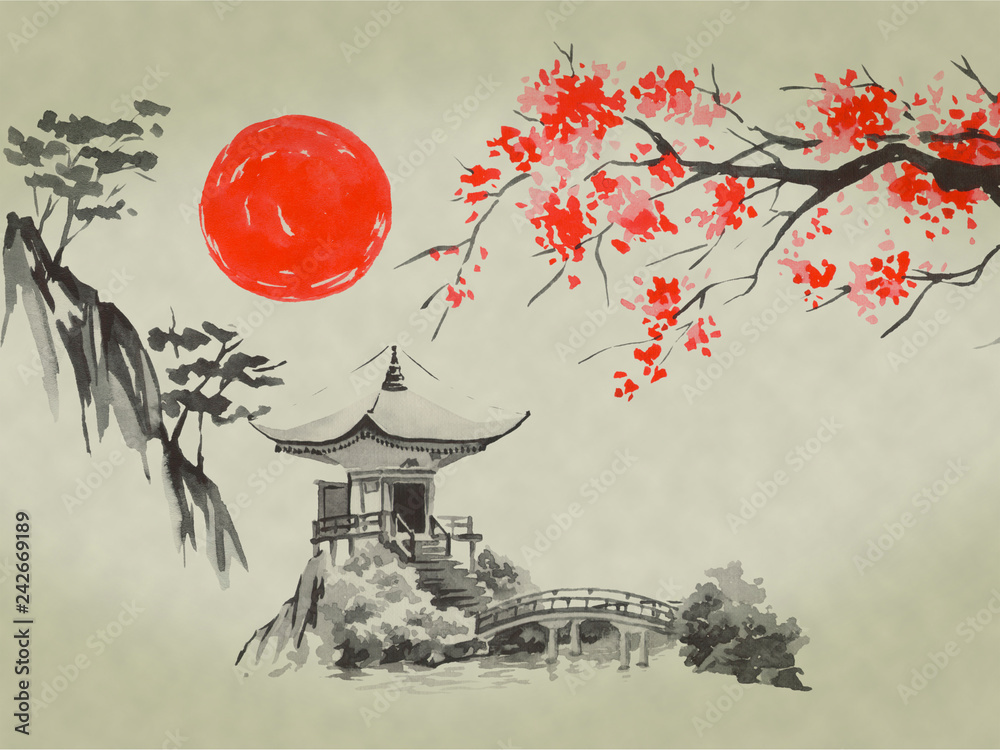 Japan traditional sumi-e painting. Watercolor and ink illustration in ...