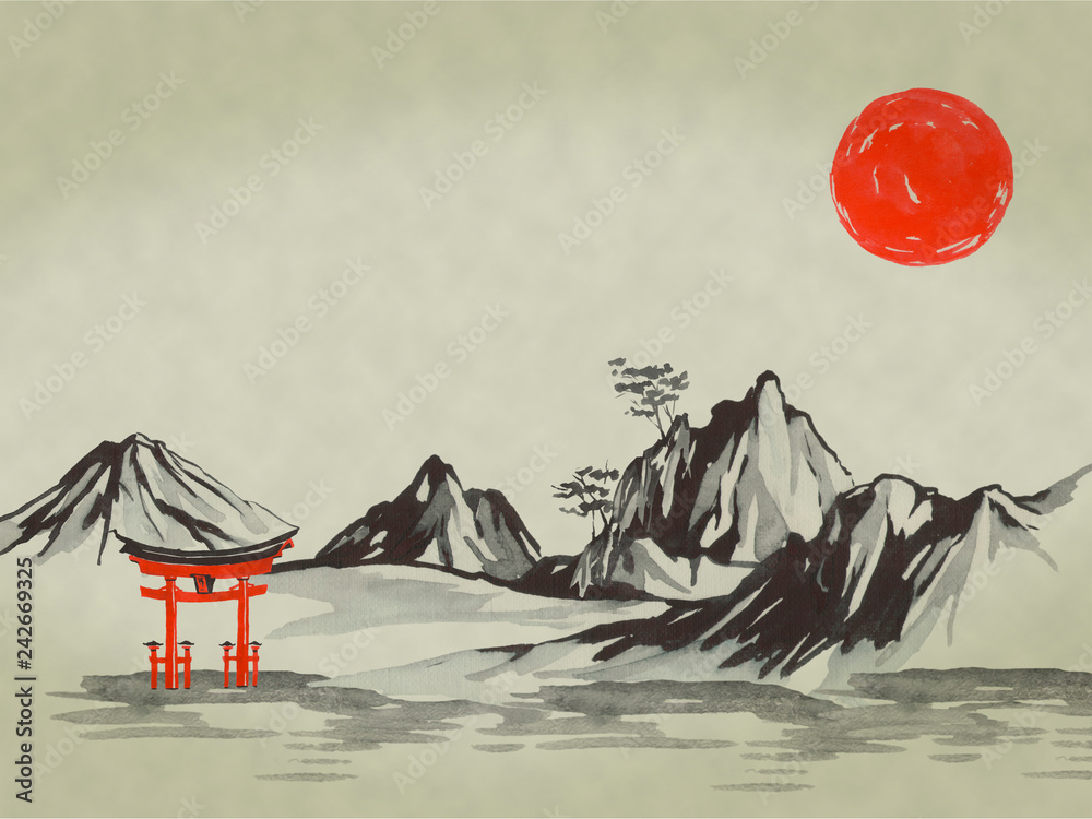 Japan traditional sumi-e painting. Watercolor and ink illustration in ...