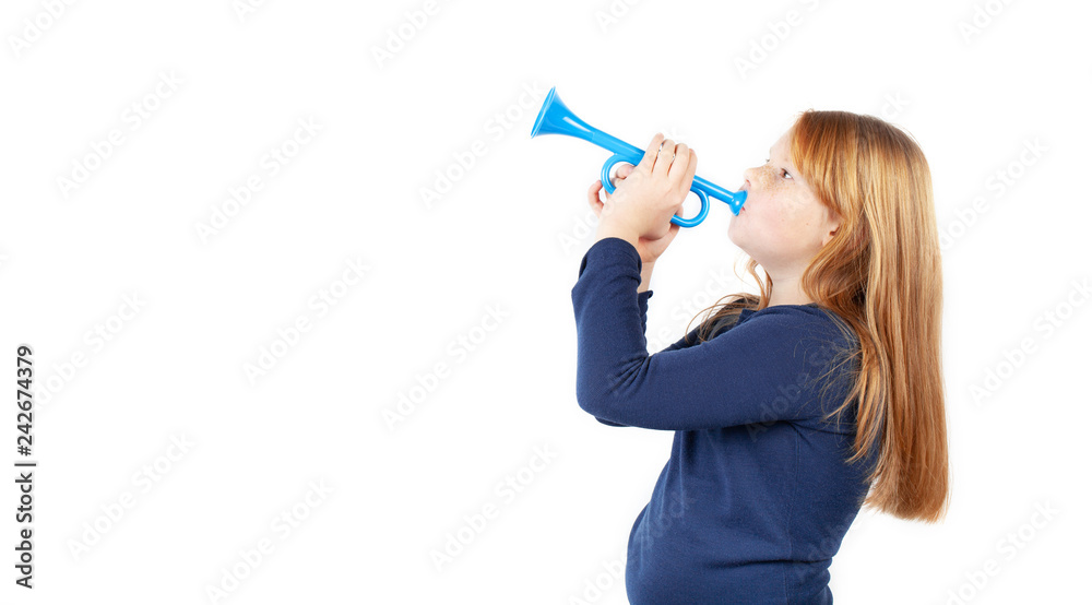 Red-haired fat girl play music on pipe (trumpet). Portrait is isolated ...