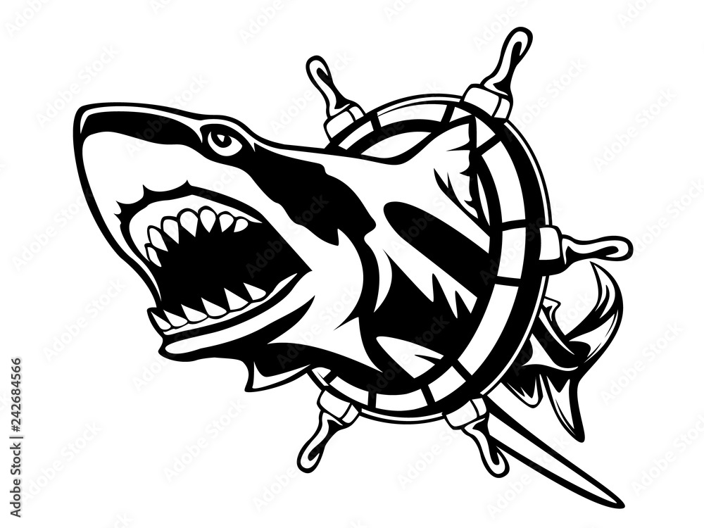 Toothy great white shark fishing logo. Strong shark fishing sports ...