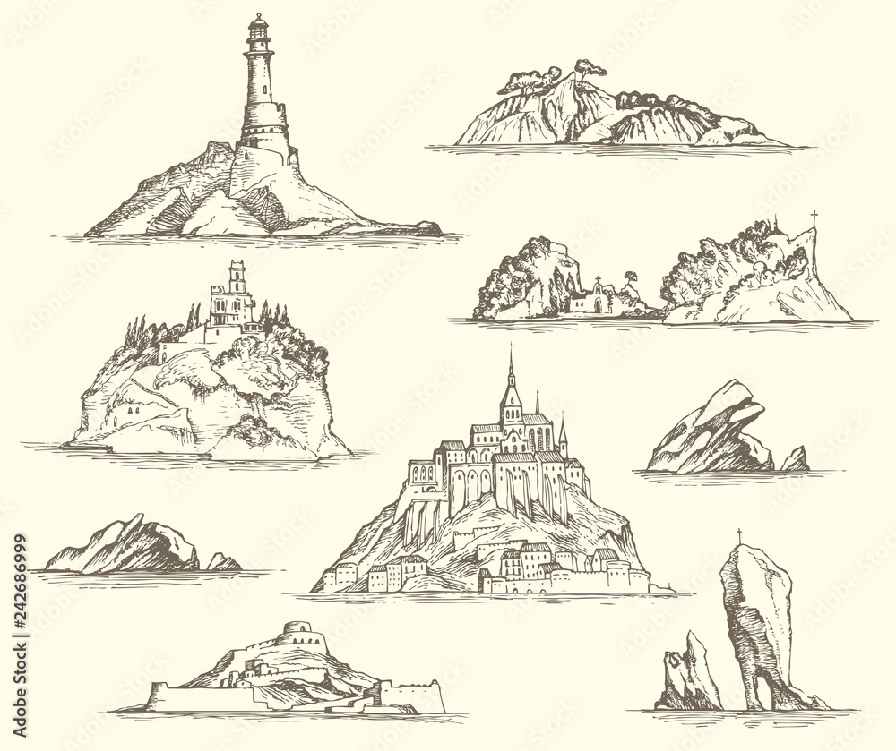 Vector set of island sketches isolated on beige background in retro ...