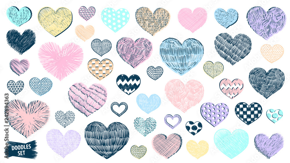 Hearts doodles set. Valentines day scrawl. Romantic stickers collection ...